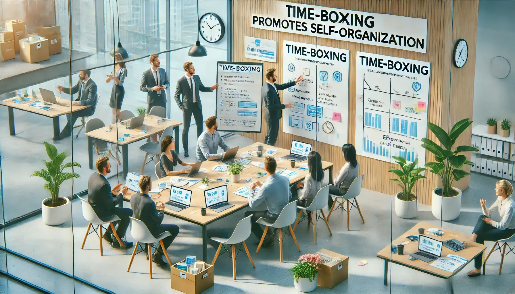 Answering: "Select two ways that time-boxing promotes self-organization ...